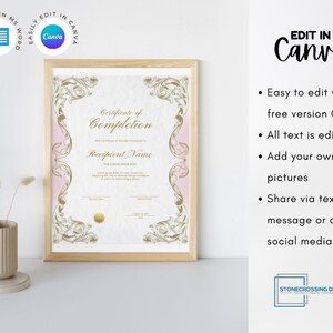 Editable Certificate of Completion Template. Award Template. Printable ...