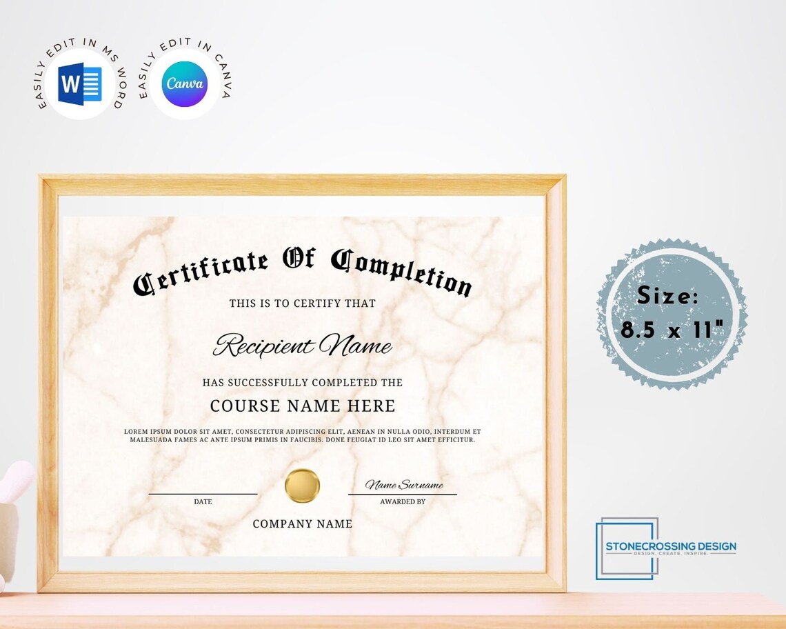 Editable Certificate of Completion Template. Award Template. Printable ...