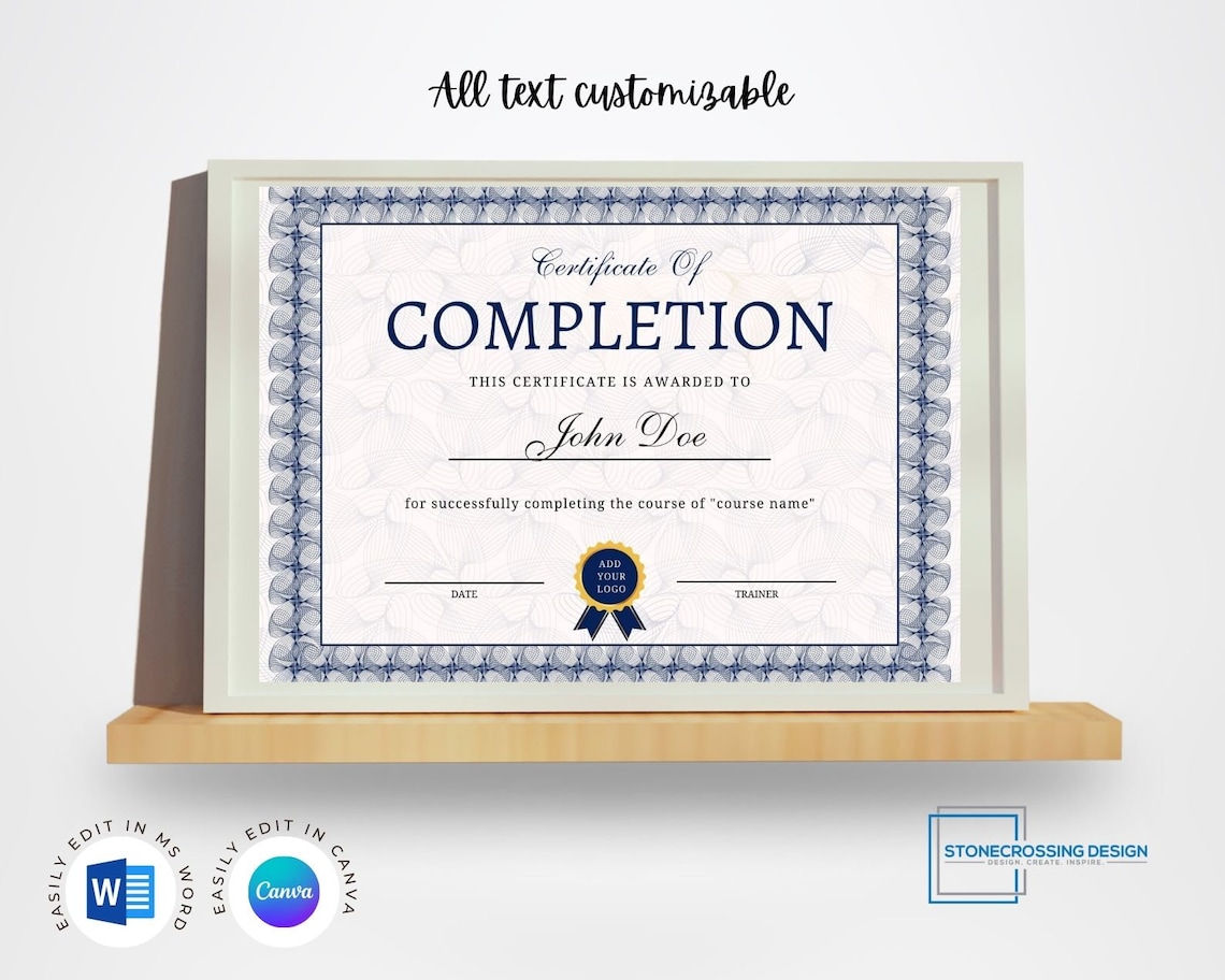 Editable Certificate of Completion Template. Award Template. Printable ...