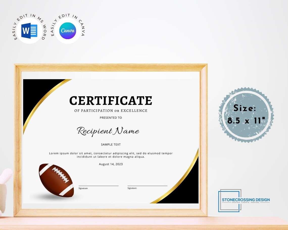 Editable Certificate of Participation or Excellence. Football Award ...