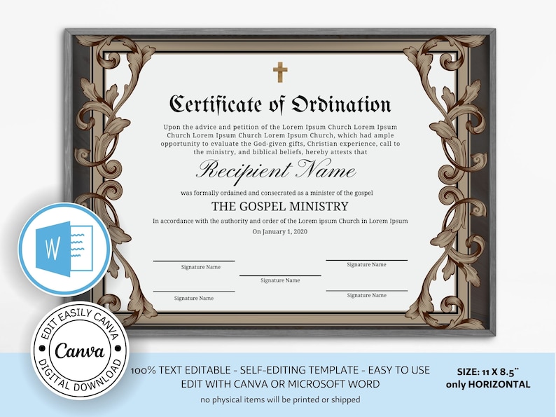 Editable Certificate of Ordination Template. Ordained - Etsy