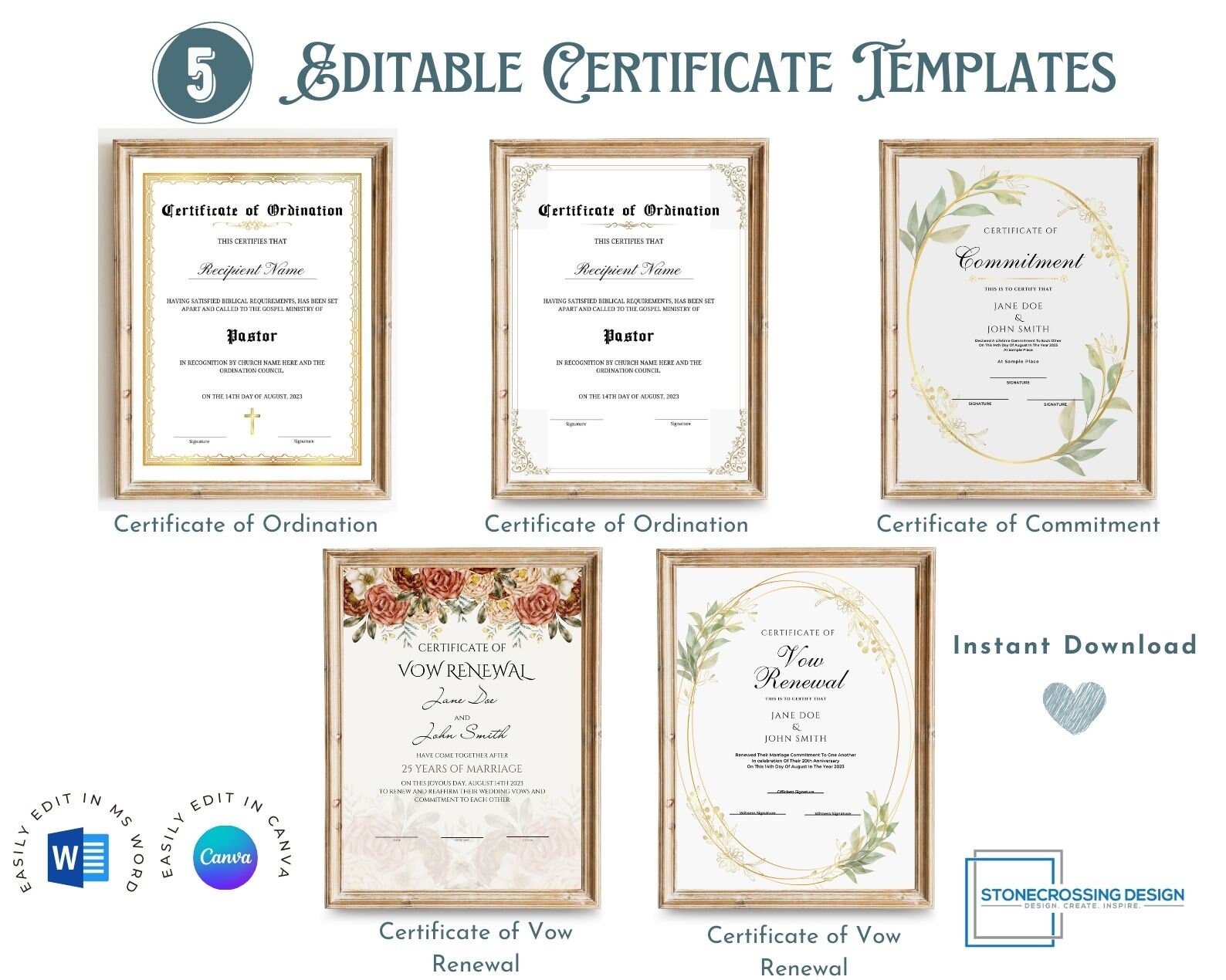 Editable Relationship Celebration Bundle Certificate: Marriage, Vow ...