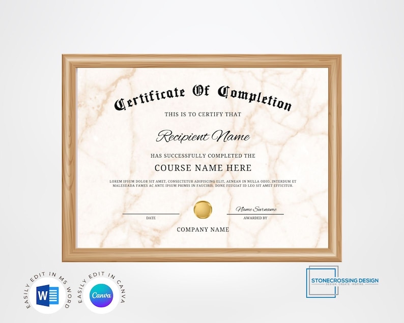 Editable Certificate of Completion Template. Award Template. Printable ...
