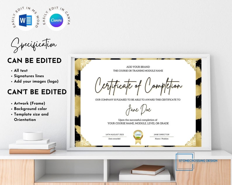 Editable Certificate of Completion Template. Award Template. Printable ...