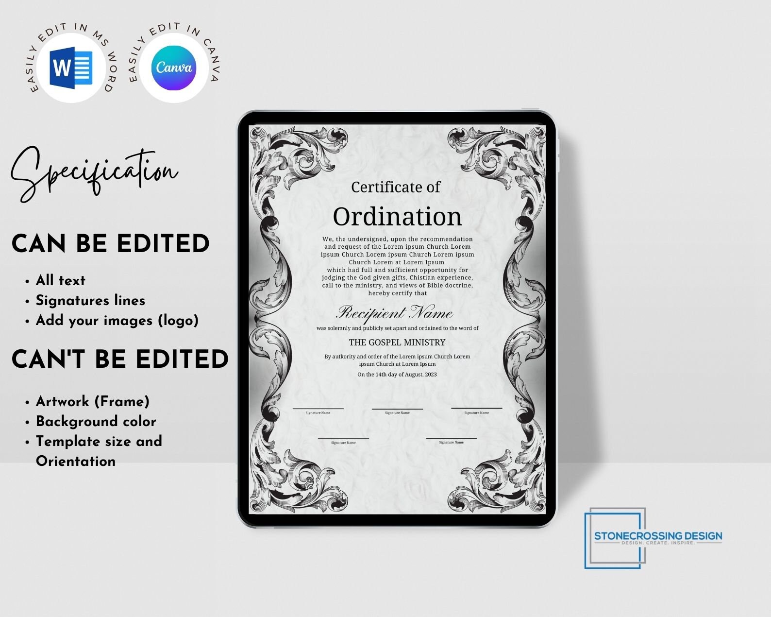 Editable Certificate of Ordination Template. Ordained - Etsy