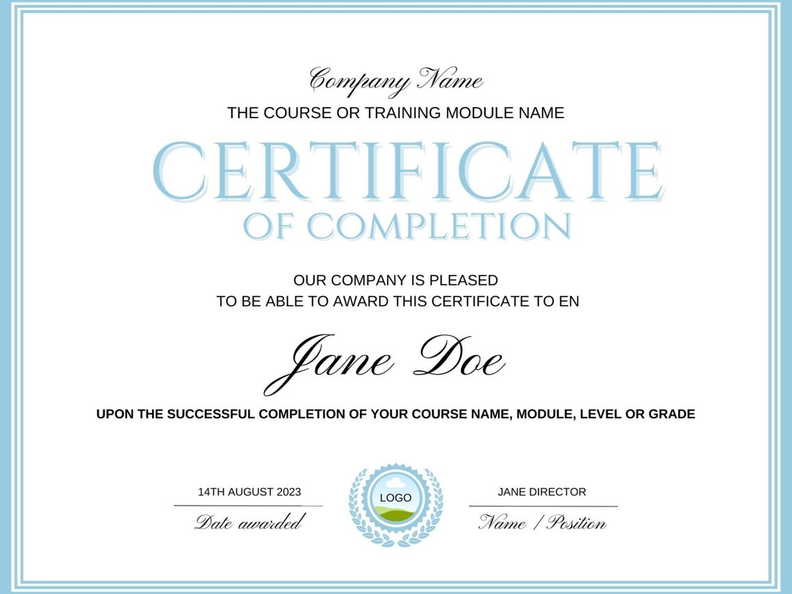 Editable Certificate of Completion Template. Award Template. - Etsy