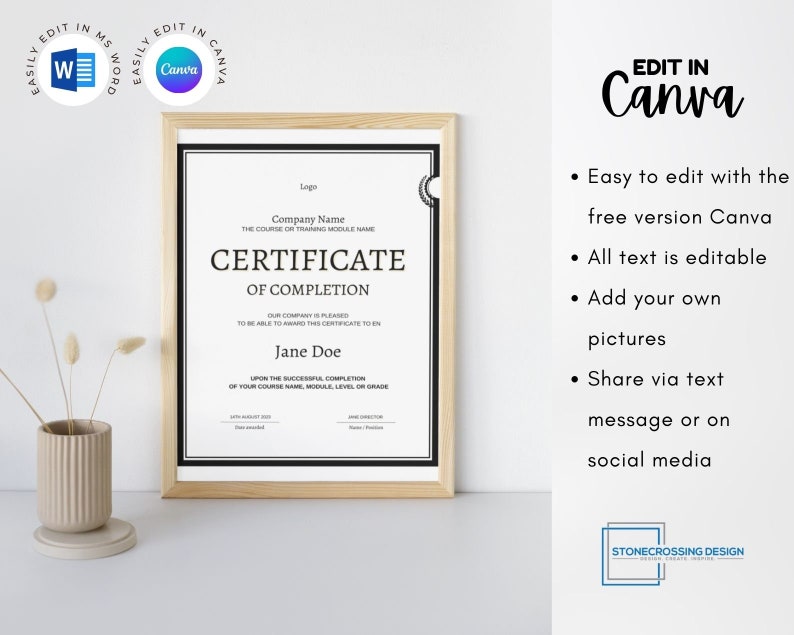 Editable Certificate of Completion Template. Award Template. - Etsy