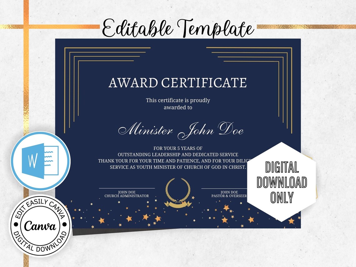 Editable Award Certificate. Recognizing Excellence and - Etsy