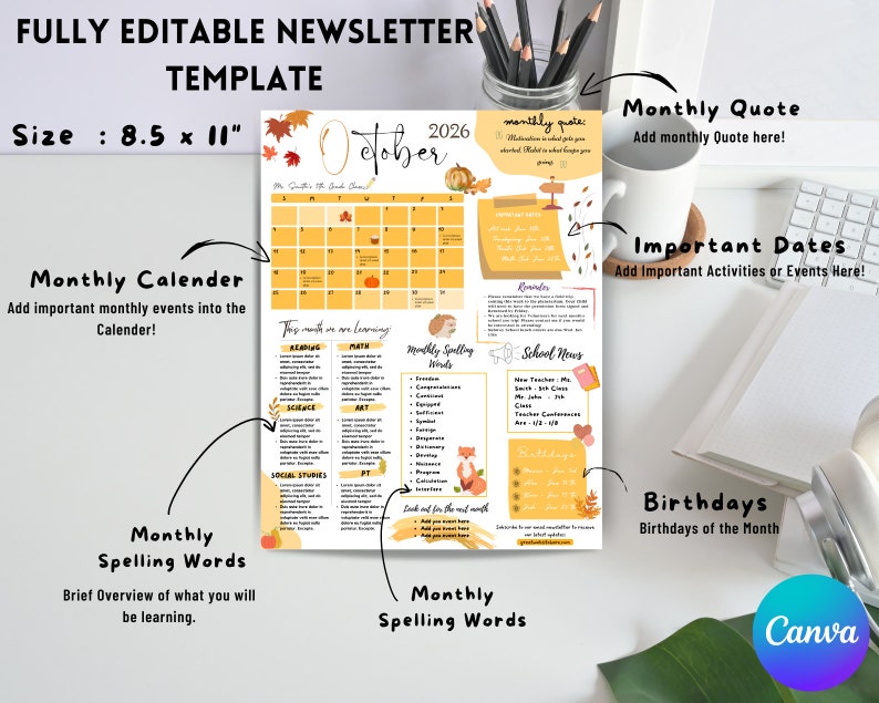 October 2026 Newsletter Template | Editable Monthly Newsletter ...