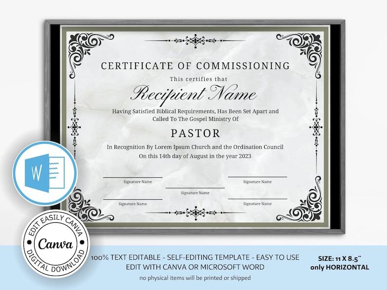 Editable Certificate of Commissioning. Editable With Canva or - Etsy