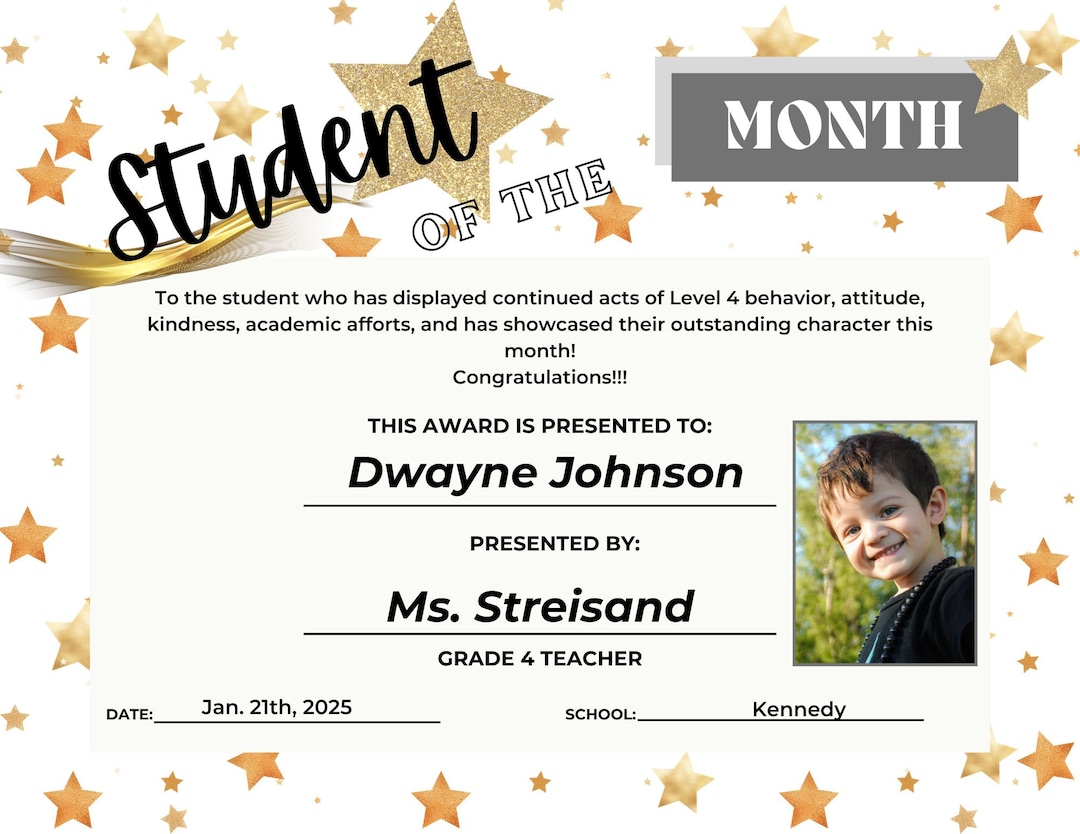 Editable Student of the Month Certificate Template. Student - Etsy