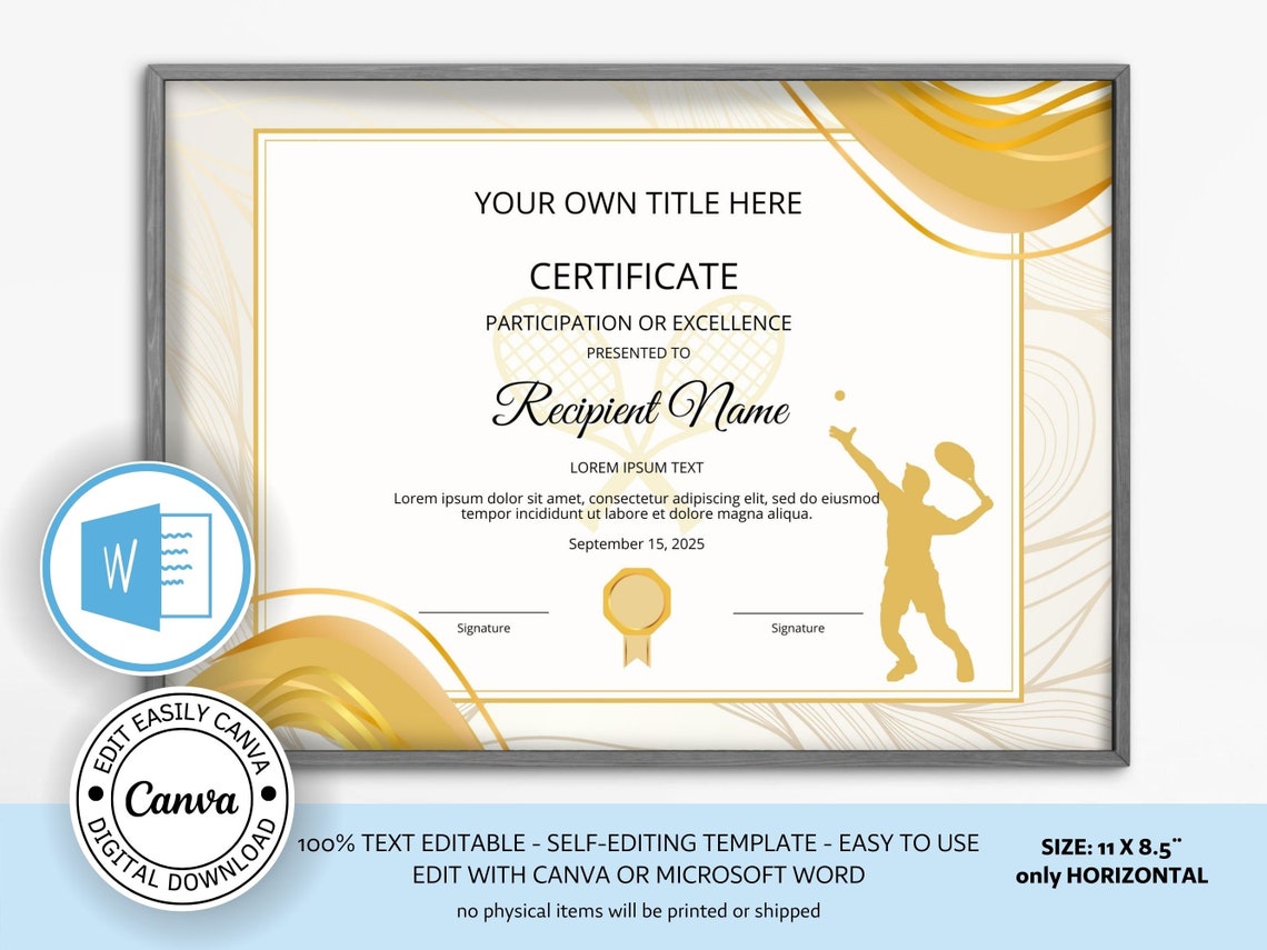 Editable Tennis Sports Certificate Template With Photo. Award. - Etsy