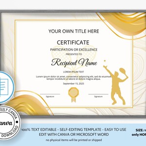 Editable Tennis Sports Certificate Template With Photo. Award. - Etsy