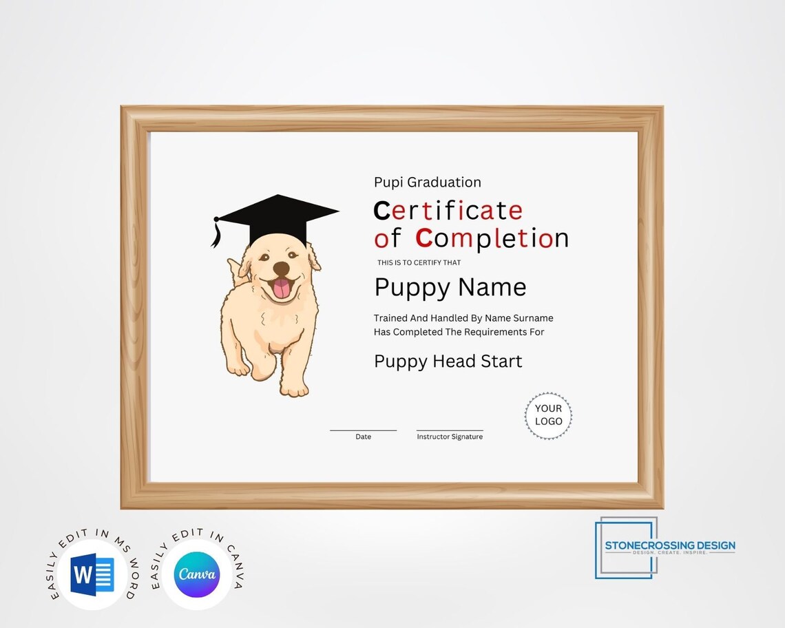 Editable Certificate of Completion for Dog Template. Award Template ...