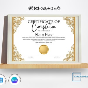 Editable Certificate of Completion Template. Award Template. Printable ...