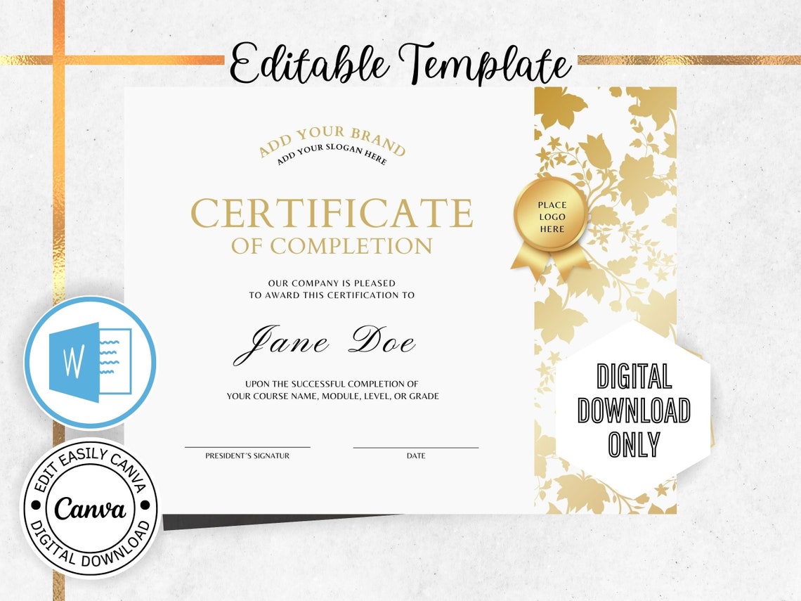 Editable Certificate of Completion Template. Award Template. - Etsy