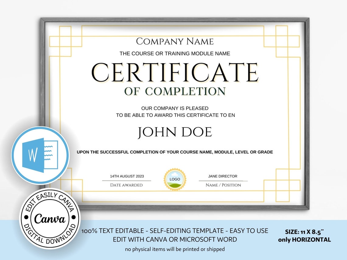 Editable Certificate of Completion Template. Award Template. - Etsy