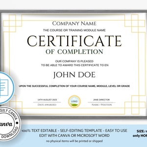 Editable Certificate of Completion Template. Award Template. - Etsy