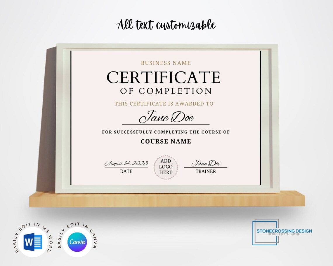 Editable Certificate of Completion Template. Award Template. - Etsy