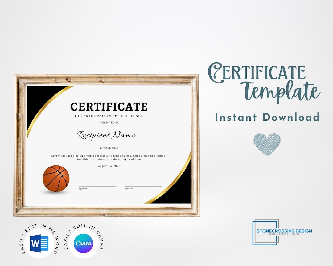 Editable Certificate of Participation or Excellence. Basketball Award ...