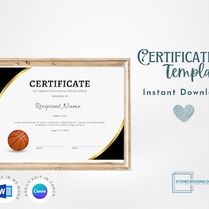 Editable Certificate of Participation or Excellence. Basketball Award ...