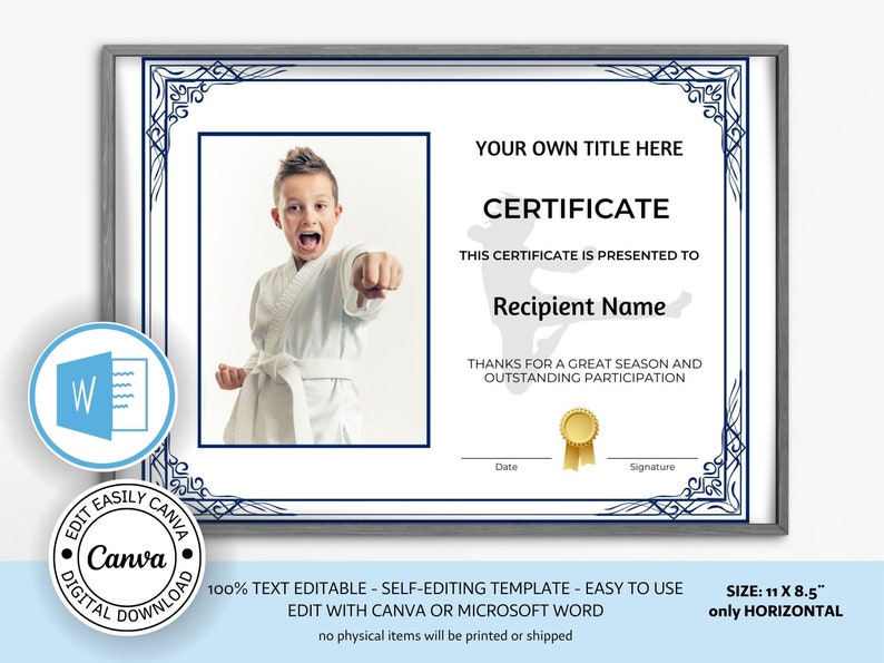 Editable Karate Martial Arts Certificate Template With Photo. - Etsy