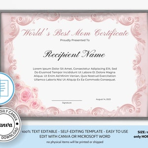 Editable Certificate for Best Mom. Award Template. Printable - Etsy