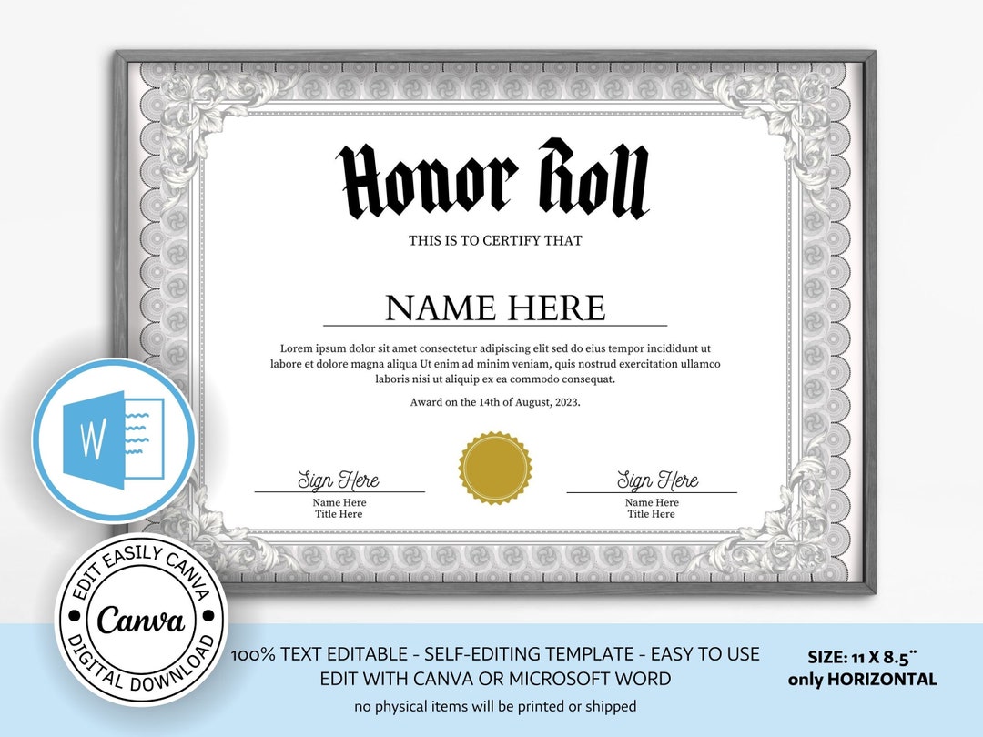 Editable Certificate of Honor Roll. Recognizing Academic - Etsy