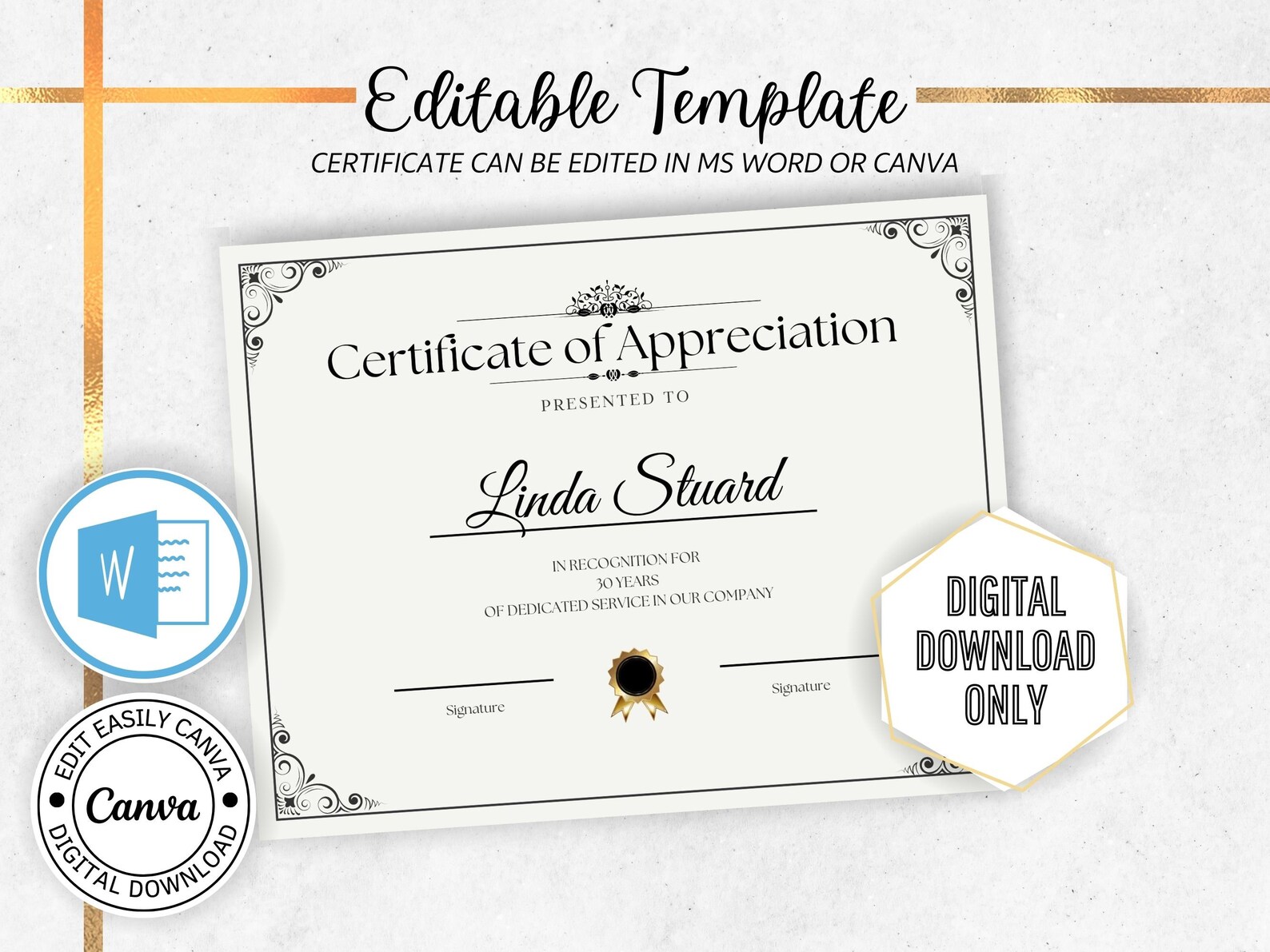 Editable Certificate of Appreciation Template. Award Template. - Etsy