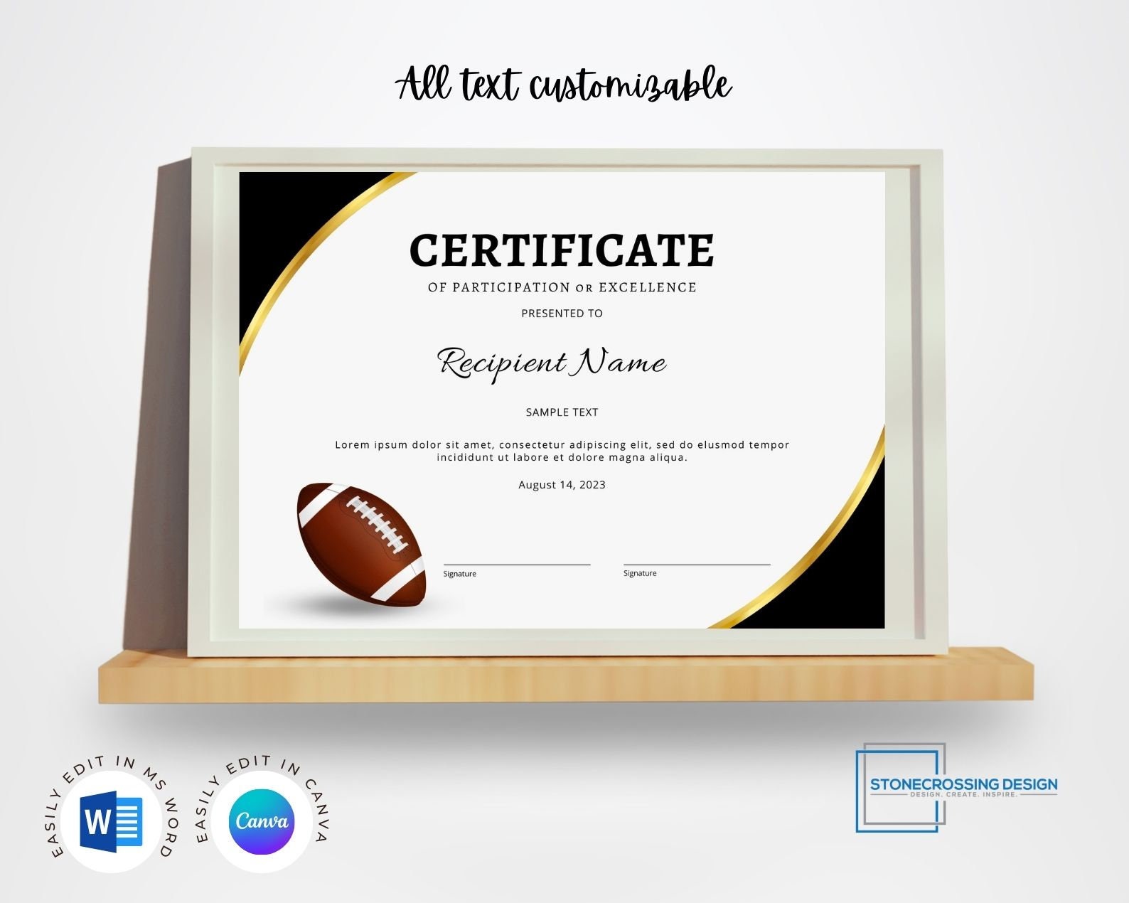 Editable Certificate of Participation or Excellence. Football Award ...