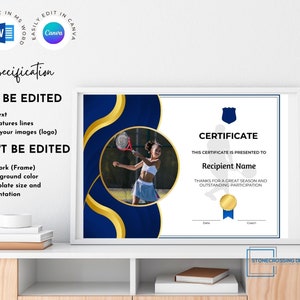 Editable Tennis Sports Certificate Template With Photo. Award. Trophy ...