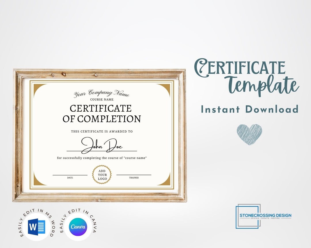 Editable Certificate of Completion Template. Award Template. Printable ...