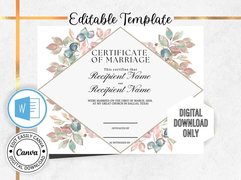 Editable Certificate of Marriage Template. Marriage License. - Etsy