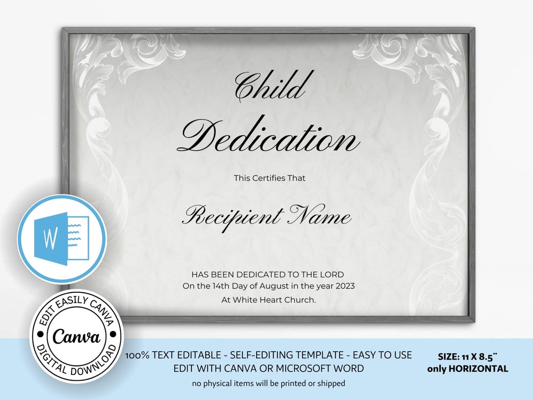 Editable Certificate of Child Dedication Template. Child - Etsy