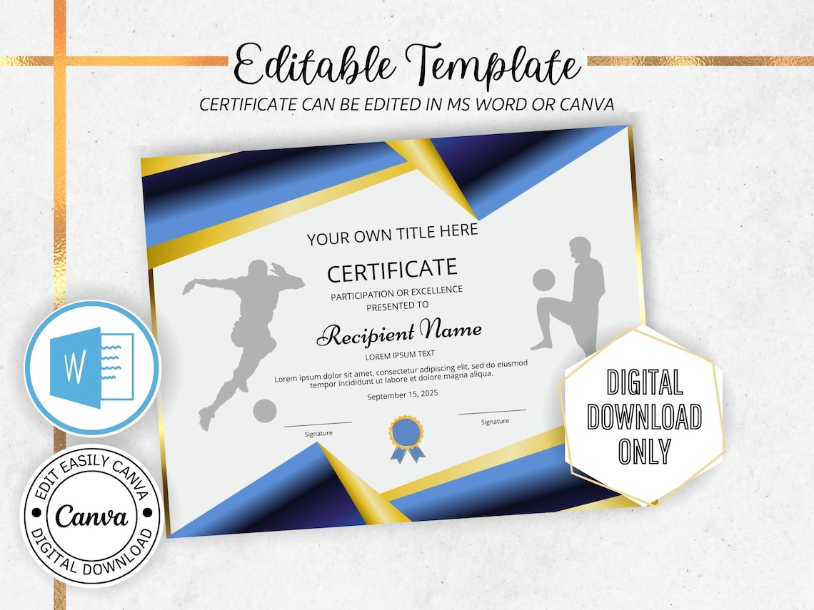 Editable Soccer Sports Certificate Template With Photo. Award. - Etsy