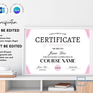 Editable Certificate of Completion Template. Award Template. Printable ...