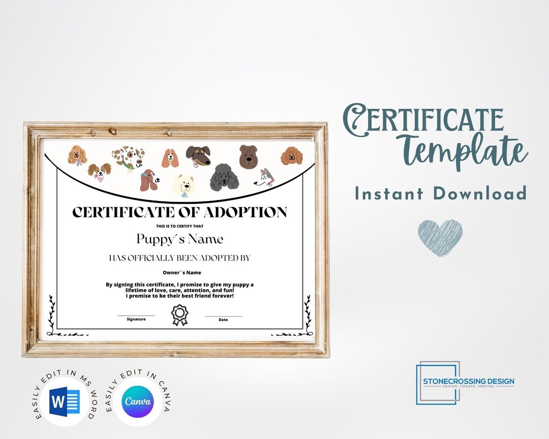 Editable Certificate of Dog Adoption Template. Pet Adoption Certificate ...