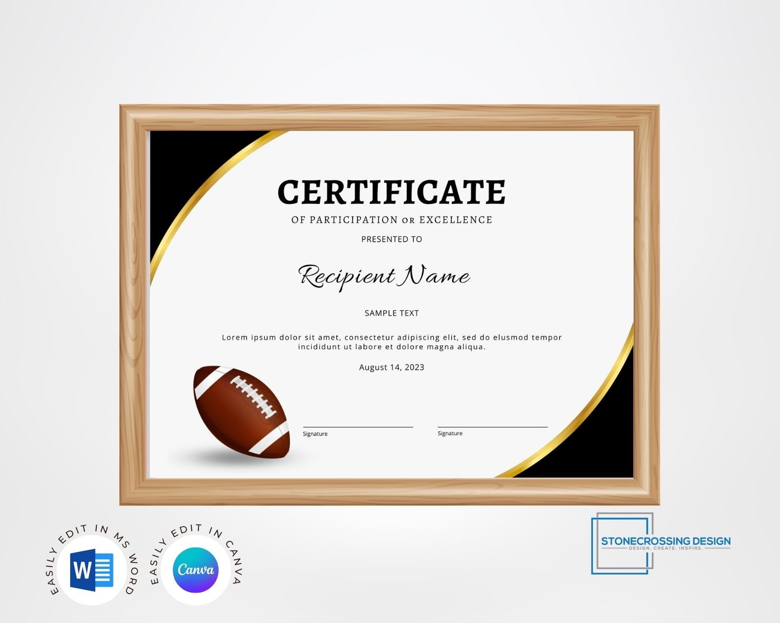 Editable Certificate of Participation or Excellence. Football Award ...