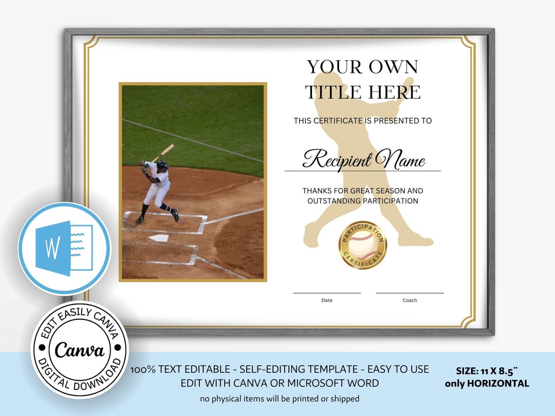 Editable Baseball Sports Certificate. Recognizing Sporting - Etsy