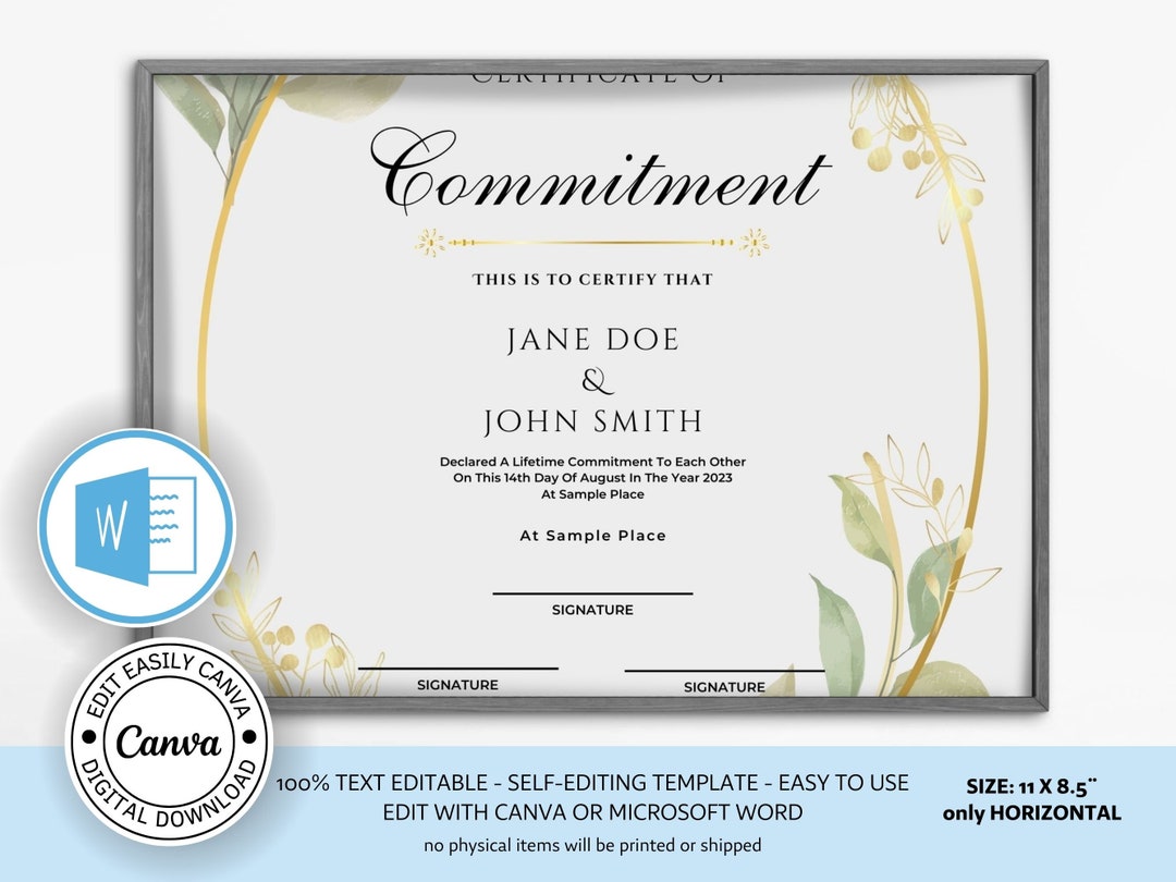 Editable Certificate of Commitment. Editable With Canva or - Etsy