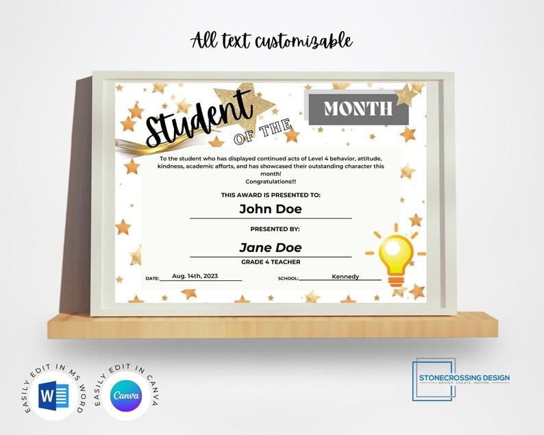 Editable Student of the Month Certificate Template. Student Certificate ...