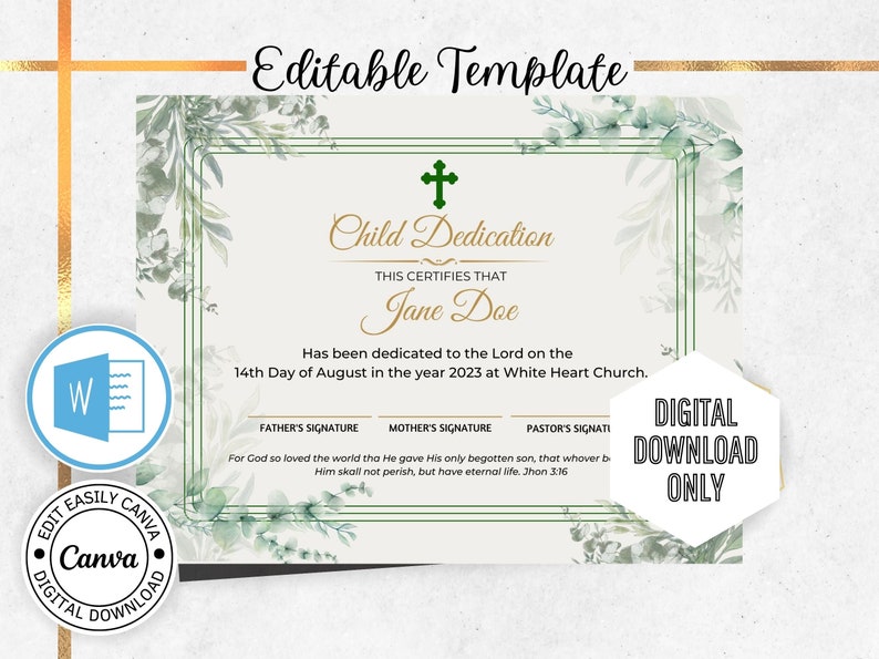Editable Certificate of Child Dedication Template. Child - Etsy