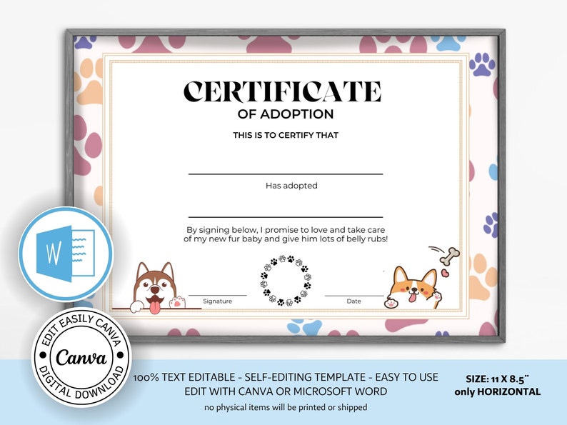 Editable Certificate of Adoption Template. Adoption - Etsy