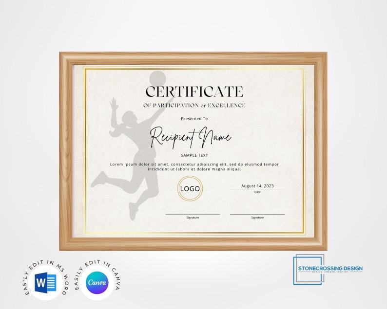Editable Certificate of Participation or Excellence. Volleyball Award ...