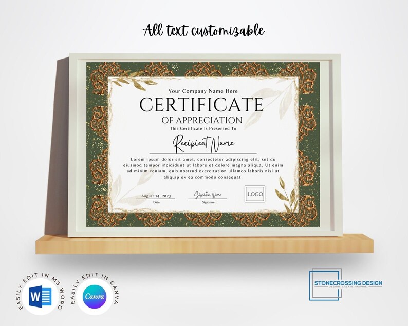 Editable Certificate of Appreciation. Award Template. Printable ...