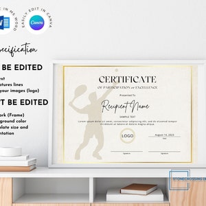 Editable Certificate of Participation or Excellence. Tennis Award ...