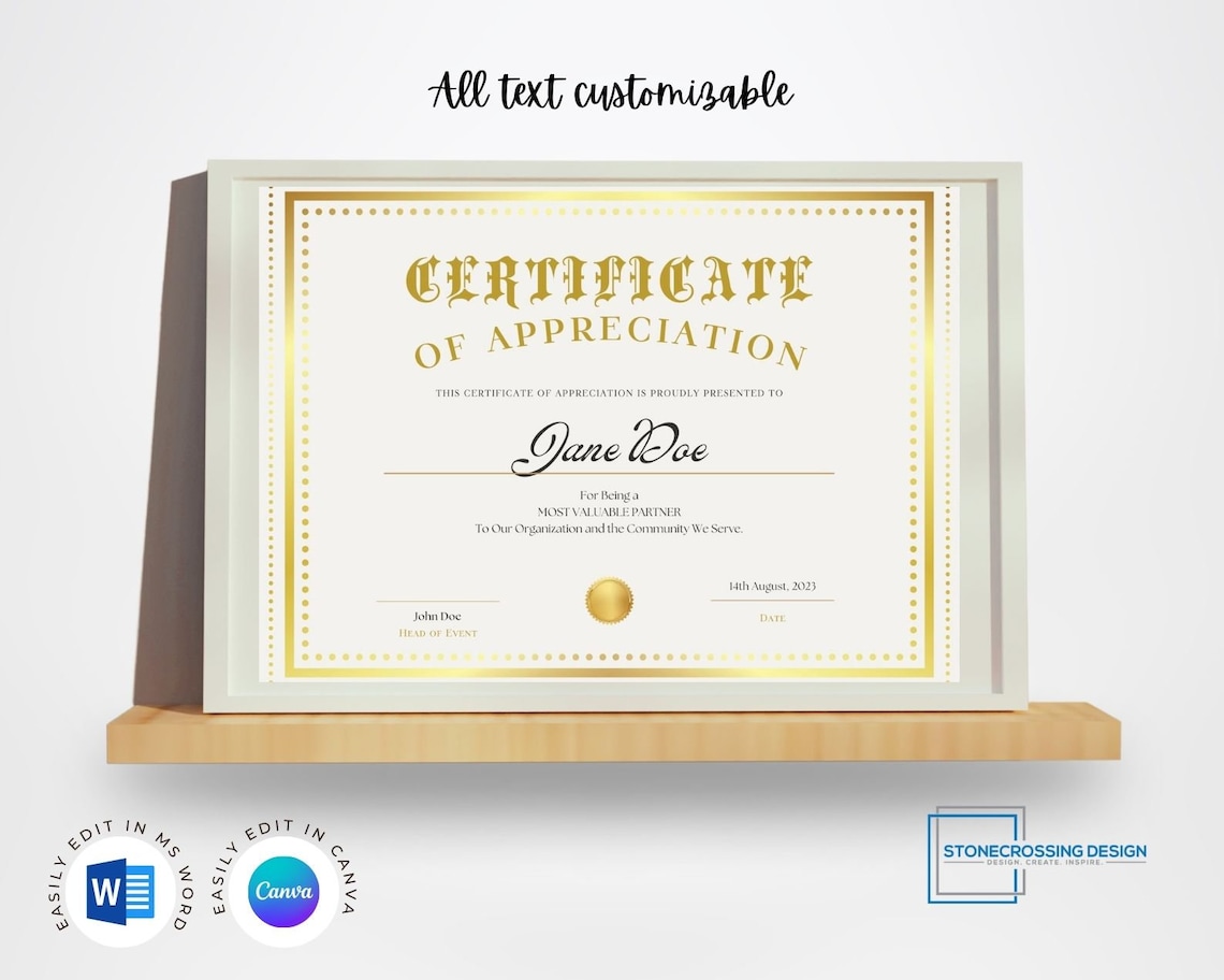 Editable Certificate of Appreciation Template. Award Template. - Etsy