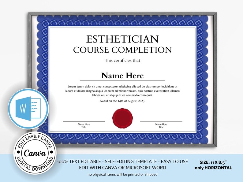 Editable Certificate of Completion Template. Award Template. - Etsy