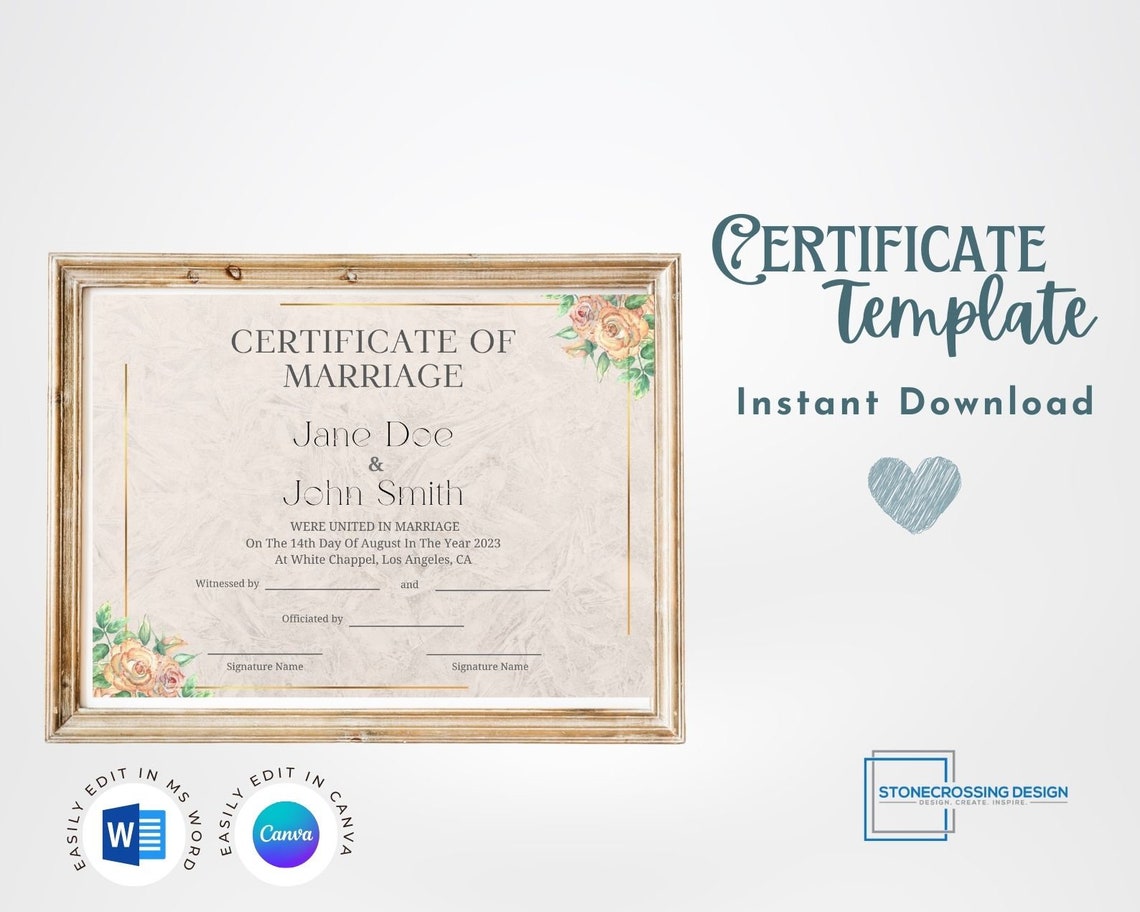 Editable Certificate of Marriage Template. Marriage License. Printable ...