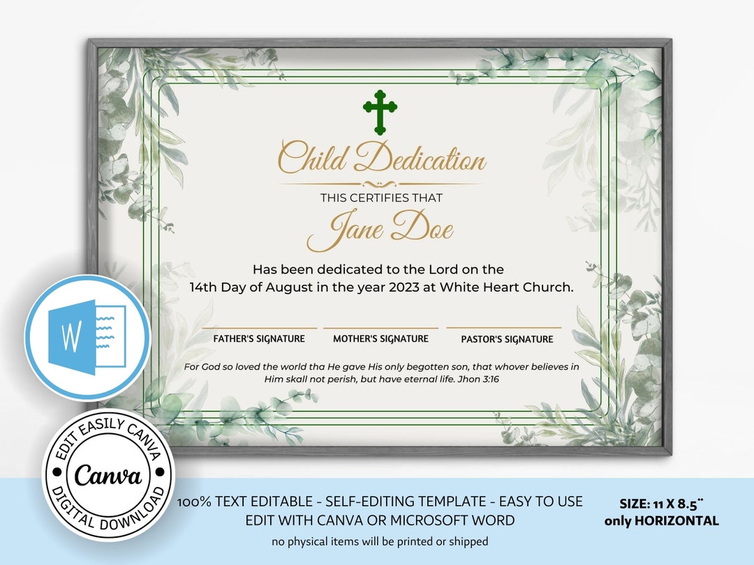 Editable Certificate of Child Dedication Template. Child - Etsy